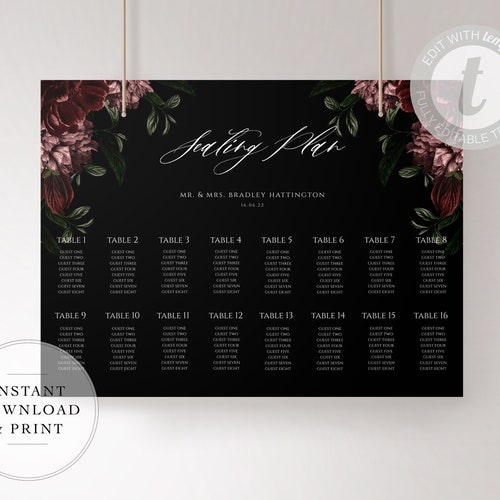 Ava: Moody Floral Seating Chart Template Moody Floral Wedding - Etsy