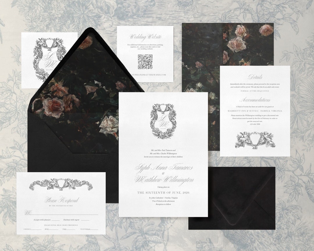 Syph: Floral Wedding Invitation With Monogram Crest, Printable Wedding ...