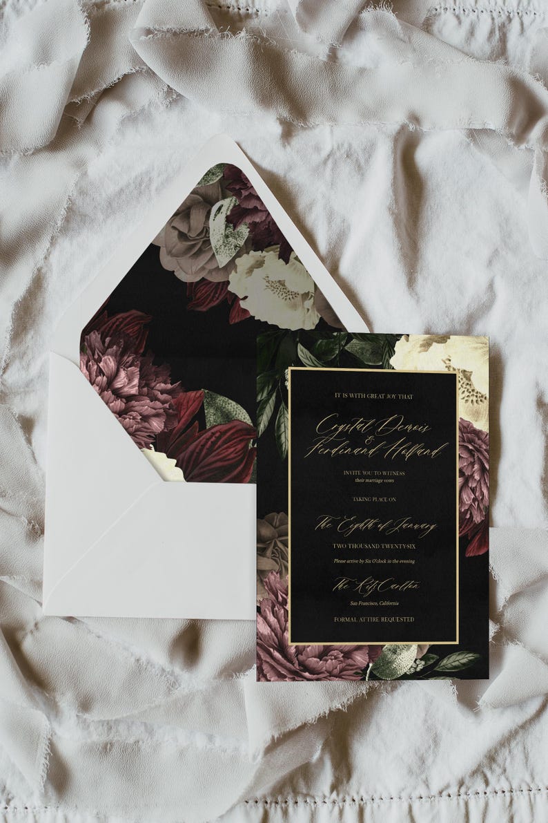 Farah | Dark Floral Wedding Invitation Set, Moody Floral Wedding ...