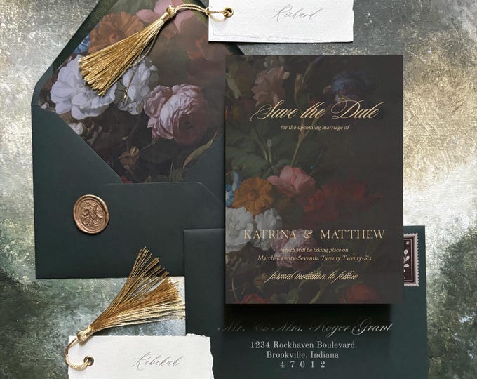 Lucia | Printed Moody Floral Save the Dates, Wedding Save the Date ...