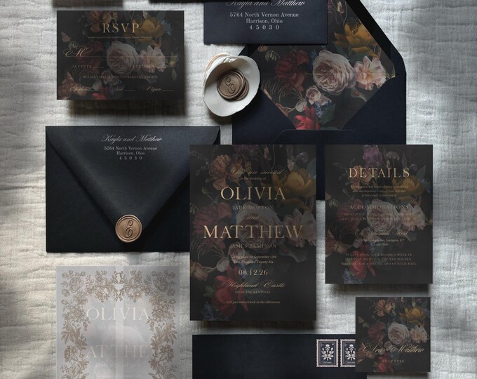 Laisha | Dark Floral Wedding Invitation Set, Moody Floral Wedding ...