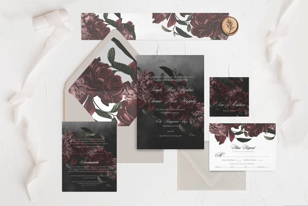 Ava | Printed Dark Floral Wedding Invitation Set, Moody Floral Wedding ...