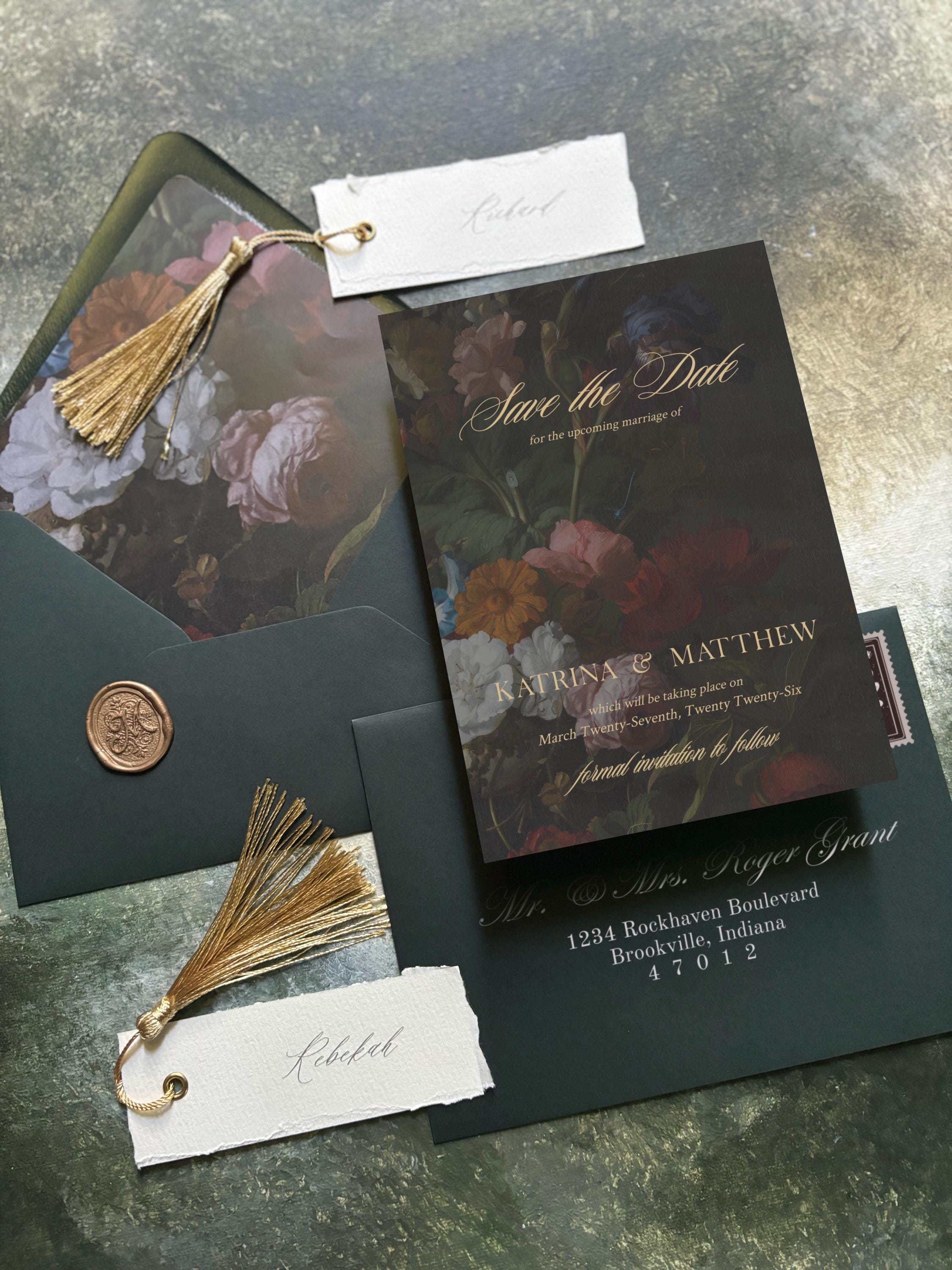 Lucia | Printed Moody Floral Save the Dates, Wedding Save the Date ...