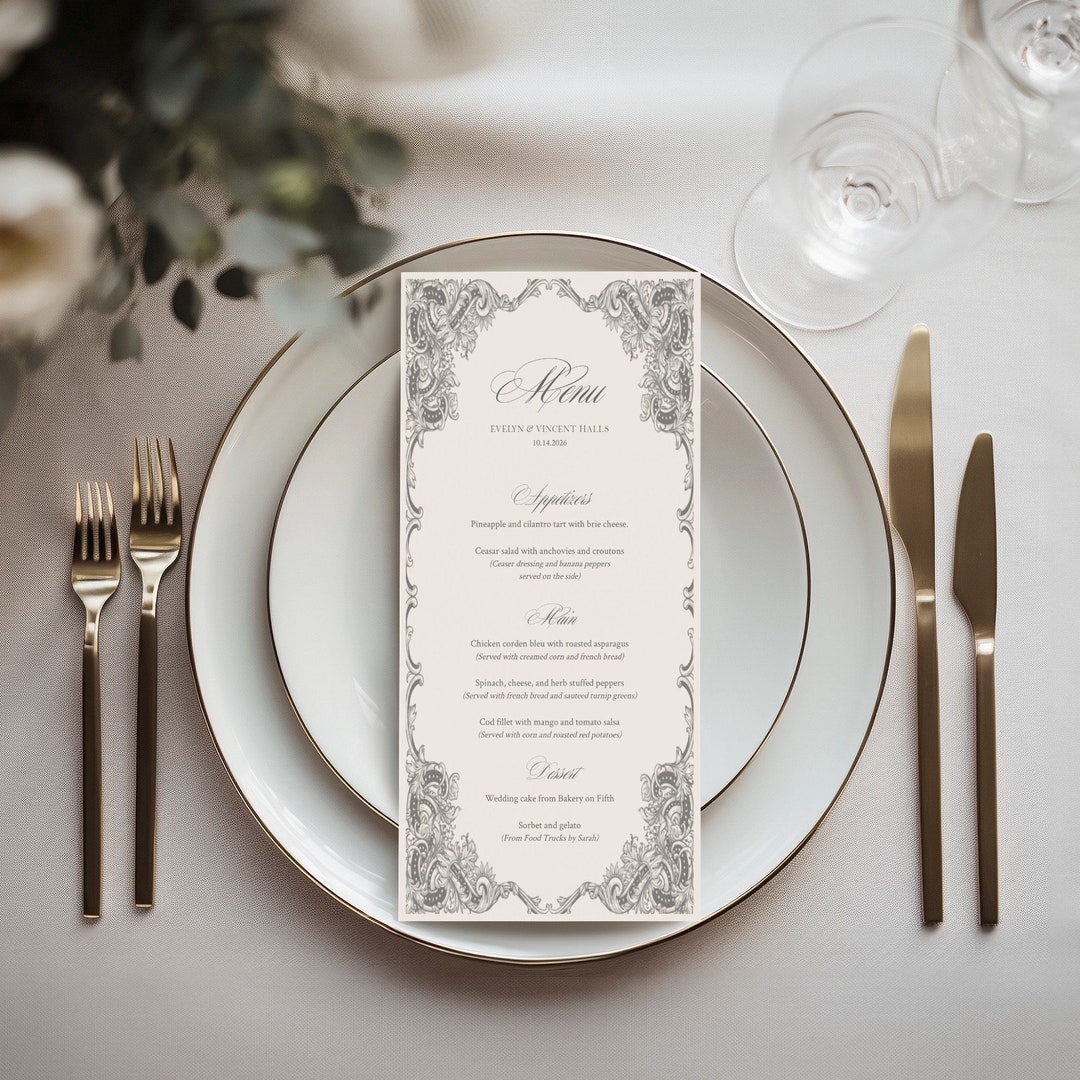 Evelyn | Elegant Wedding Menu Printed, Classic Wedding Decor, Ivory ...