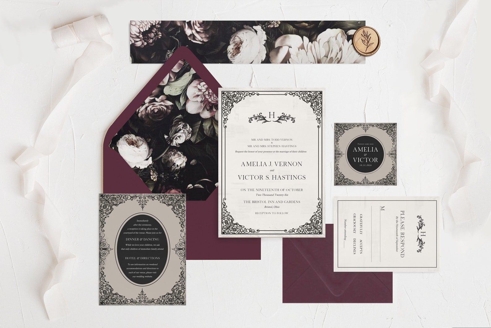 Victoria | Moody Floral Wedding Invitation Suite, Elegant Wedding ...