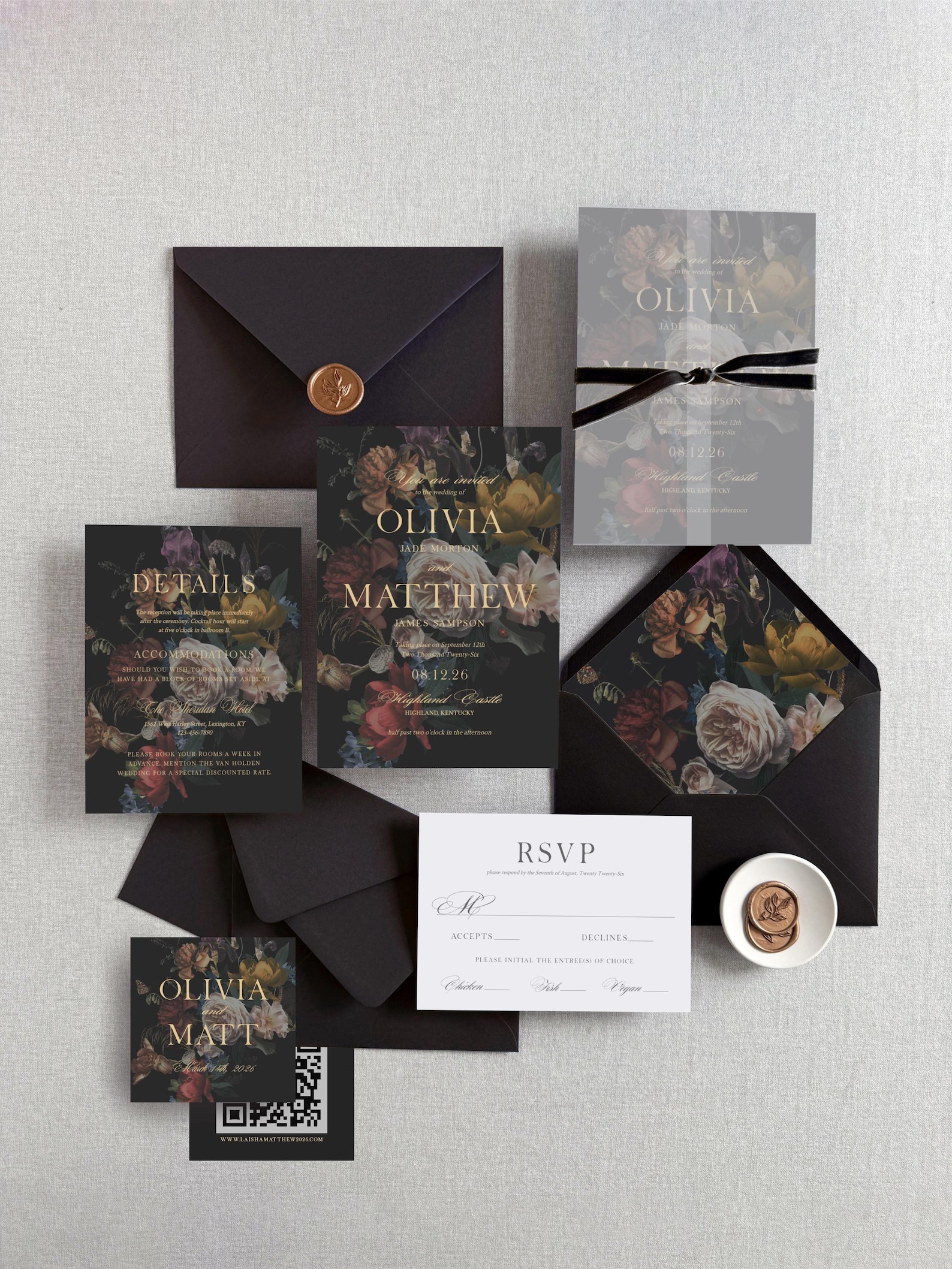 Laisha | Dark Floral Wedding Invitation Set, Moody Floral Wedding ...