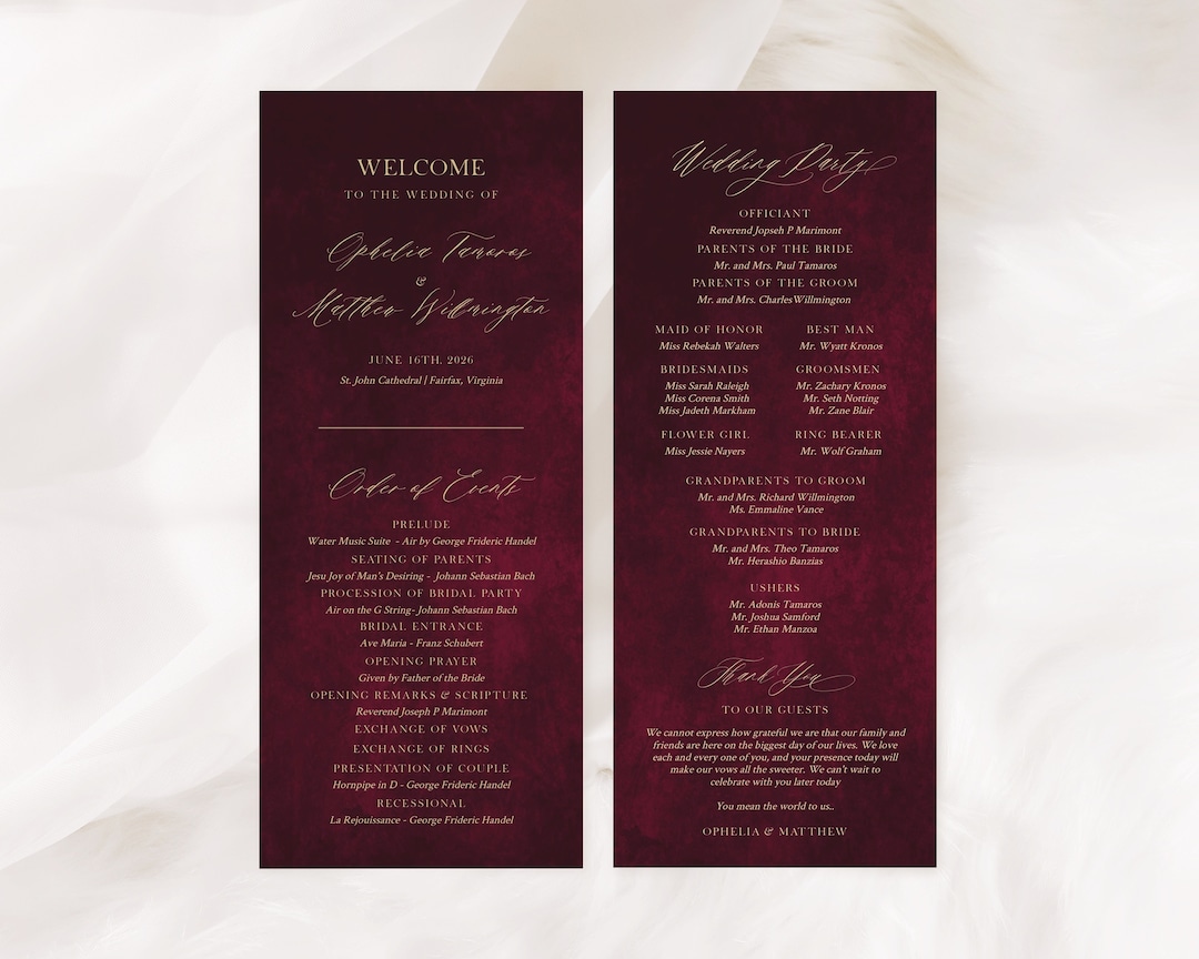 Ophelia | Red Wedding Program, Elegant Red and Gold Wedding Program ...