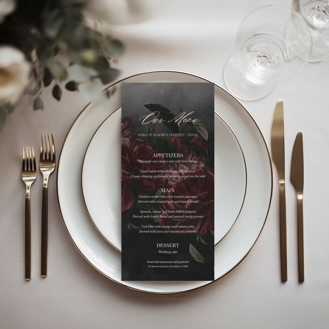 Ava | Moody Floral Wedding Menu Card, Wedding Dinner Menu, 4x8 Inches ...