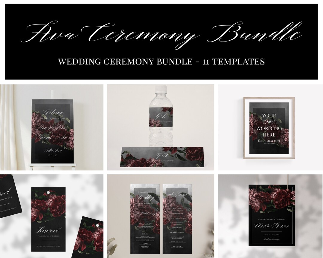 Ava: Moody Floral Wedding Template Bundle, Wedding Ceremony Sign Bundle, Ceremony Template ...