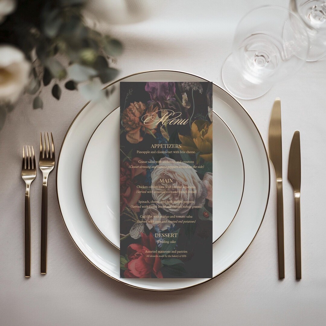 Laisha | Printed Wedding Menu, Moody Floral Menu Card, Wedding Dinner ...