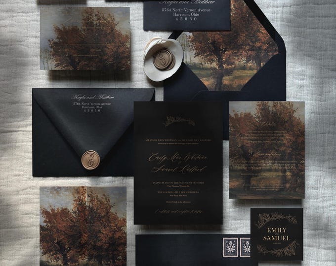 Eliza | Autumn Wedding Invitations, Moody Black and Gold Wedding ...