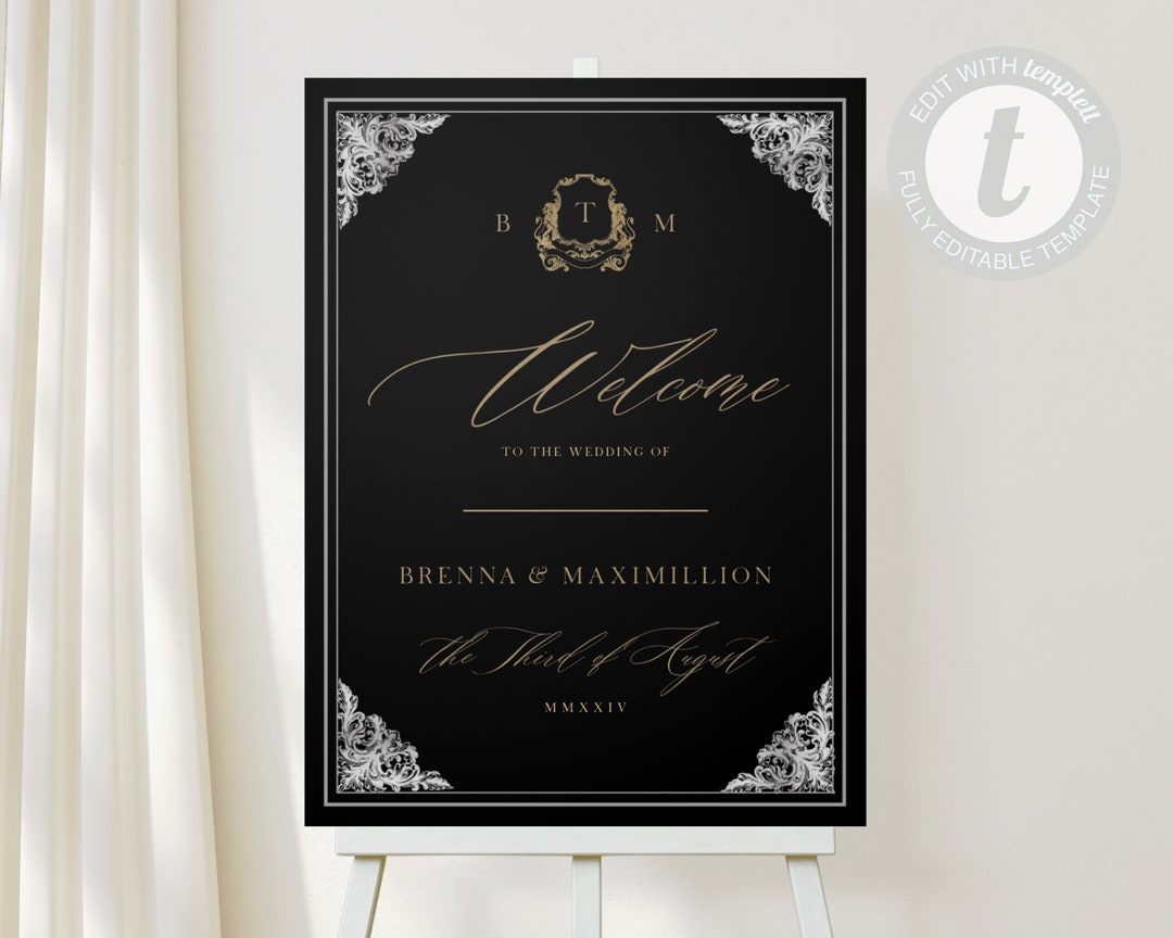 Brenna: Elegant Black Gold Welcome Sign, Black Gold Wedding Welcome ...