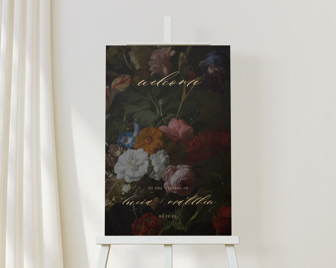 Lucia | Printed Welcome Sign, Moody Floral Welcome Sign, Floral Welcome ...