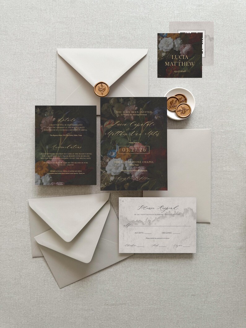 Lucia | Printed Dark Floral Wedding Invitation Set, Moody Dutch Floral ...