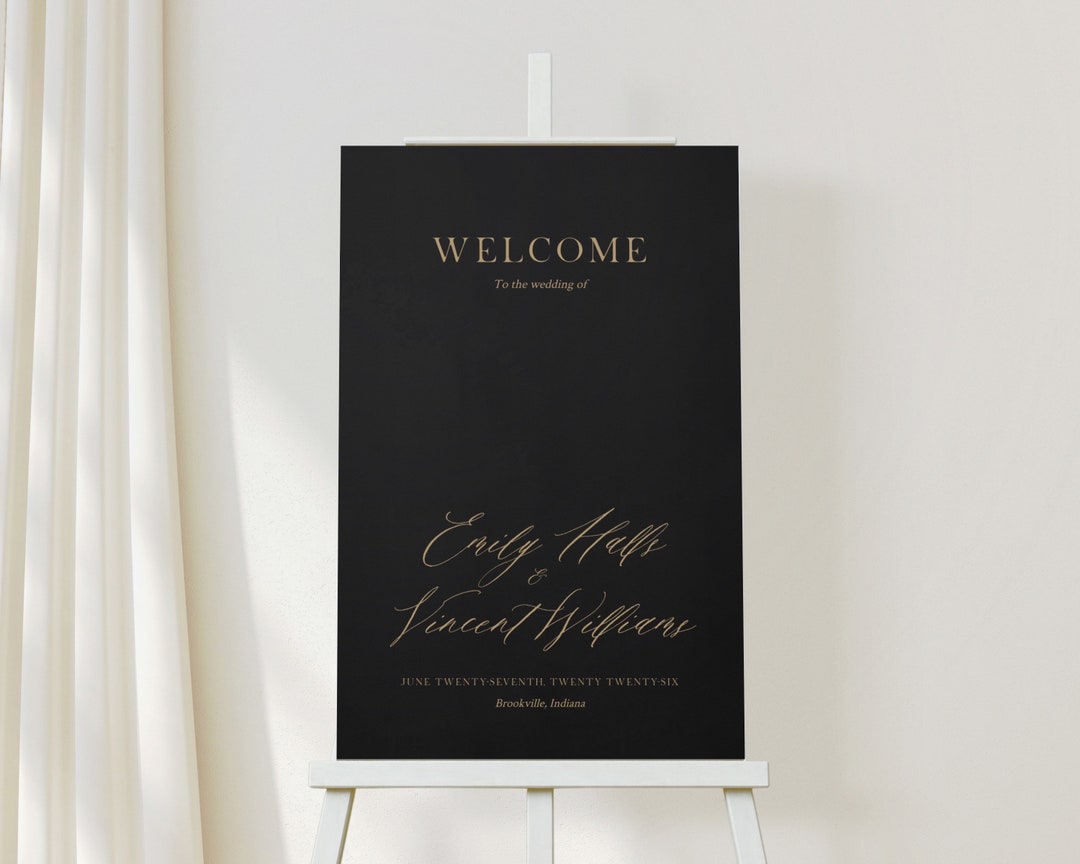 Eliza | Printed Welcome Sign, Black & Gold Wedding Welcome Sign, Modern ...