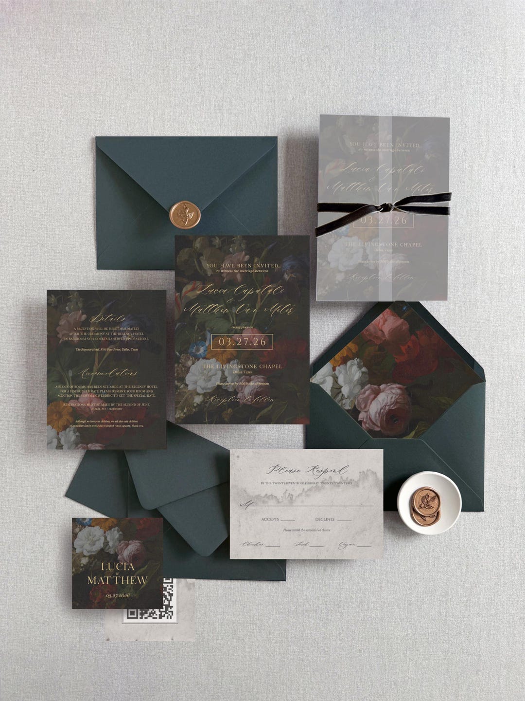 Lucia | Printed Dark Floral Wedding Invitation Set, Moody Dutch Floral ...