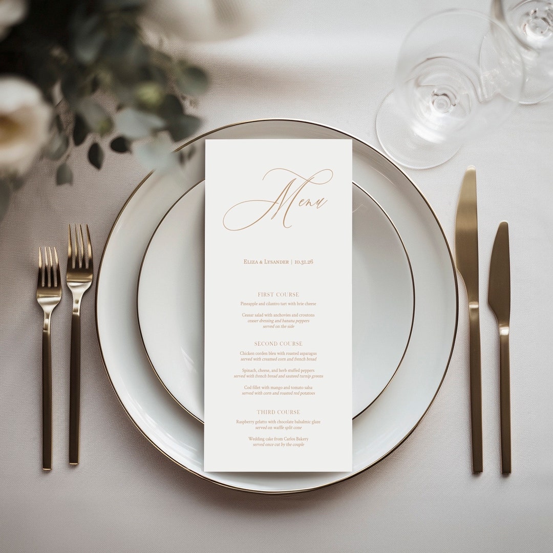 Eliza | Printed Wedding Menu, White and Gold Menu Card, Wedding Dinner ...