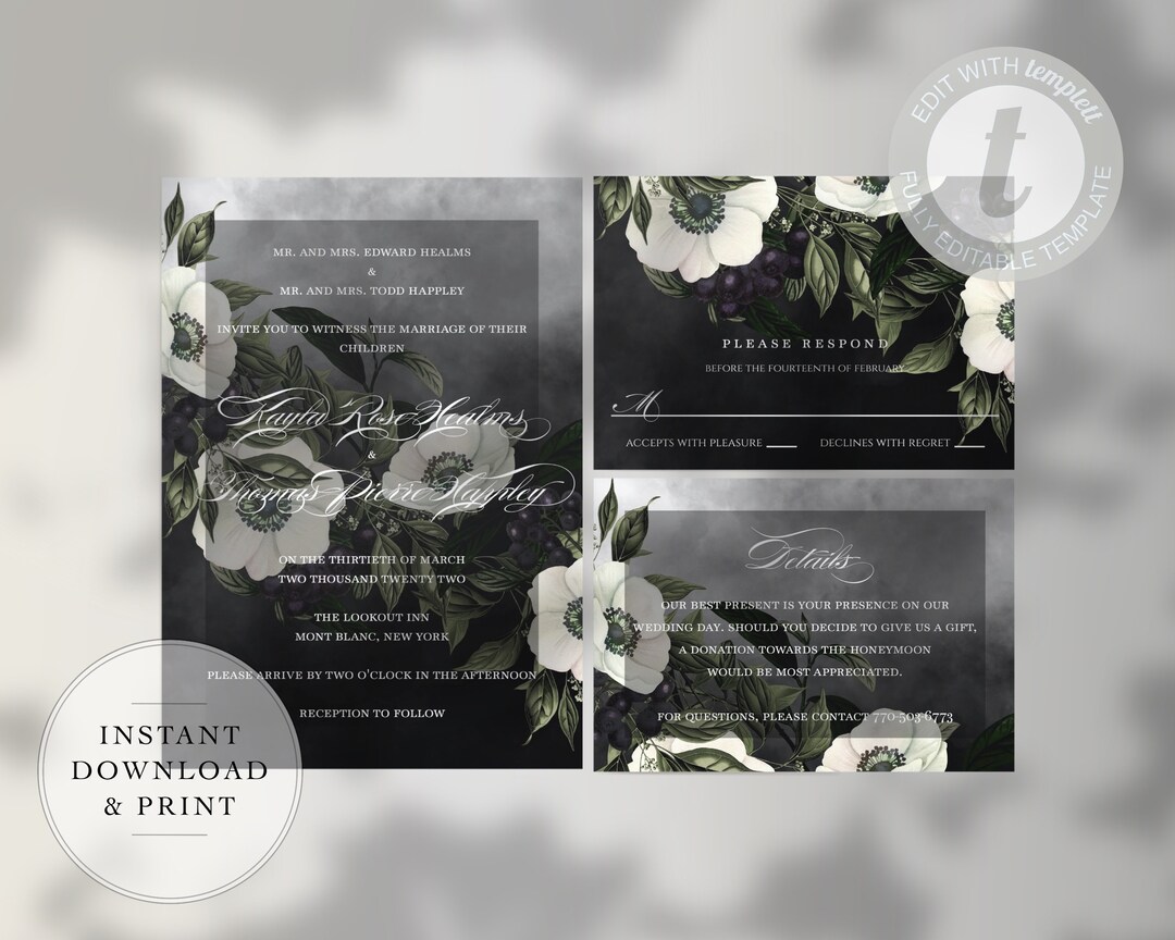Midnight: Printable Dark Moody Floral Wedding Invitations - Etsy