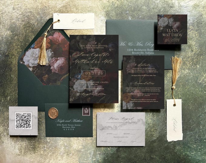 Lucia | Printed Dark Floral Wedding Invitation Set, Moody Dutch Floral ...