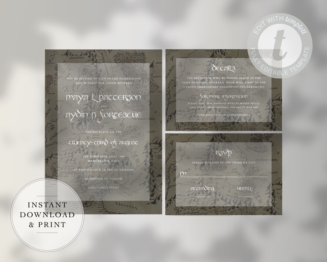 Middle Earth: LOTR Wedding Invitation, Lord of the Rings Wedding, LOTR ...