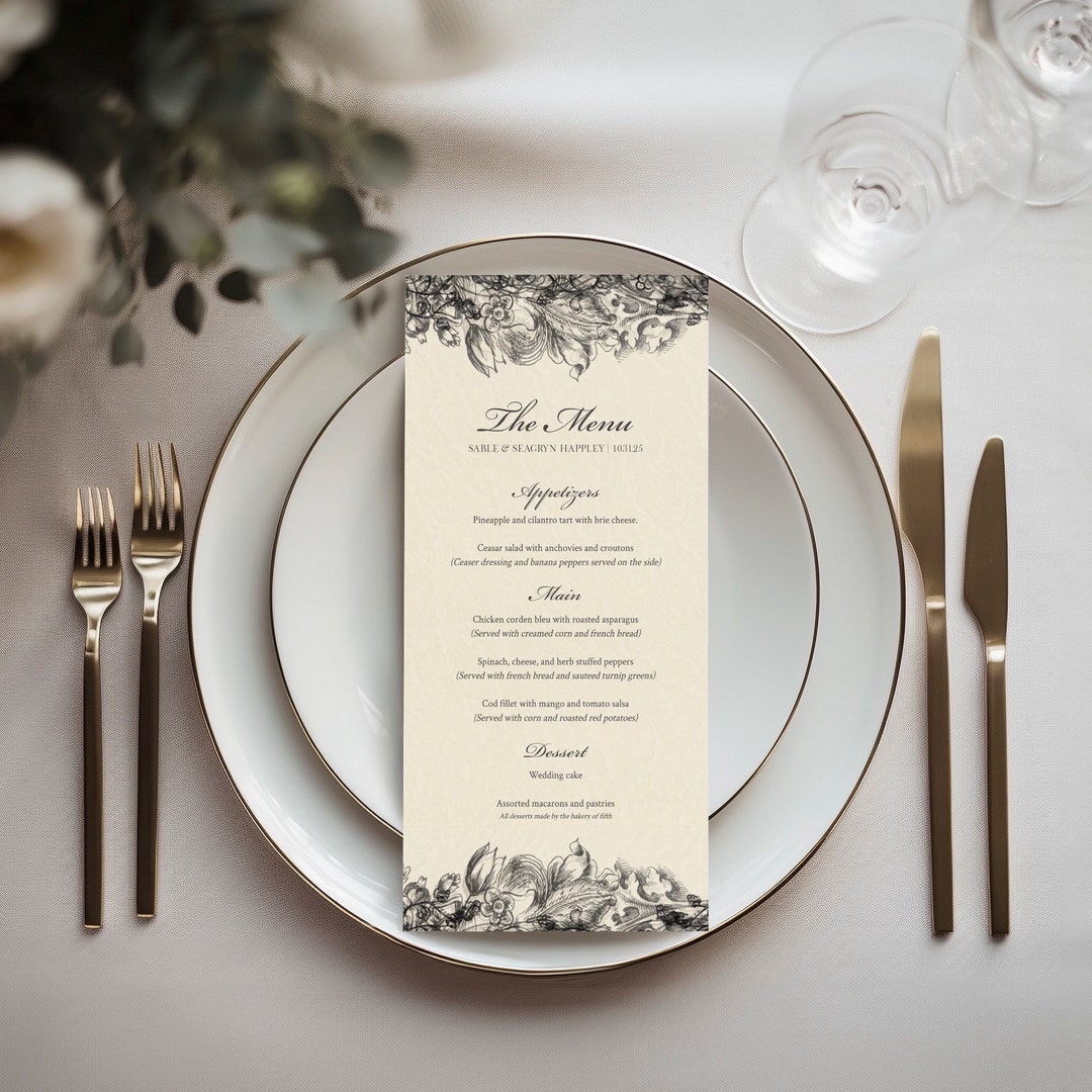 Yvette | Elegant Wedding Menu Printed, Classic Wedding Decor, Ivory ...