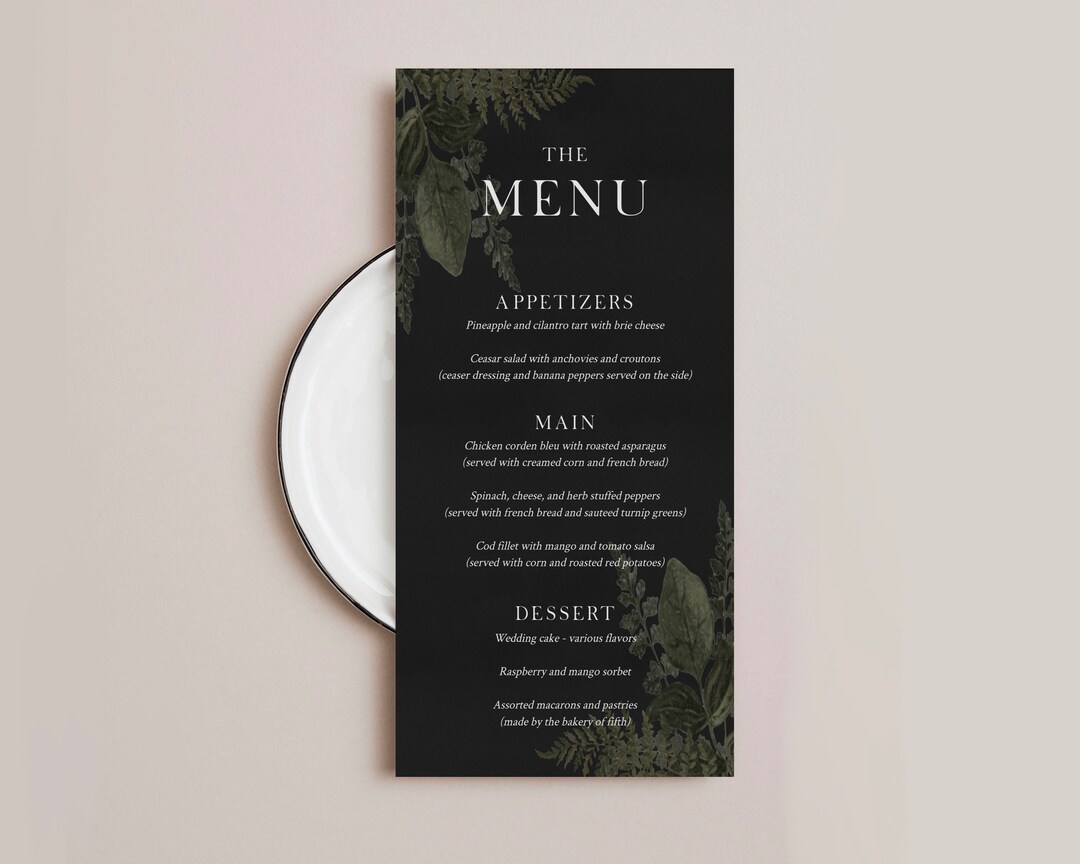 Megara: Black Wedding Menu Template, Instant Download, Dark Greenery ...