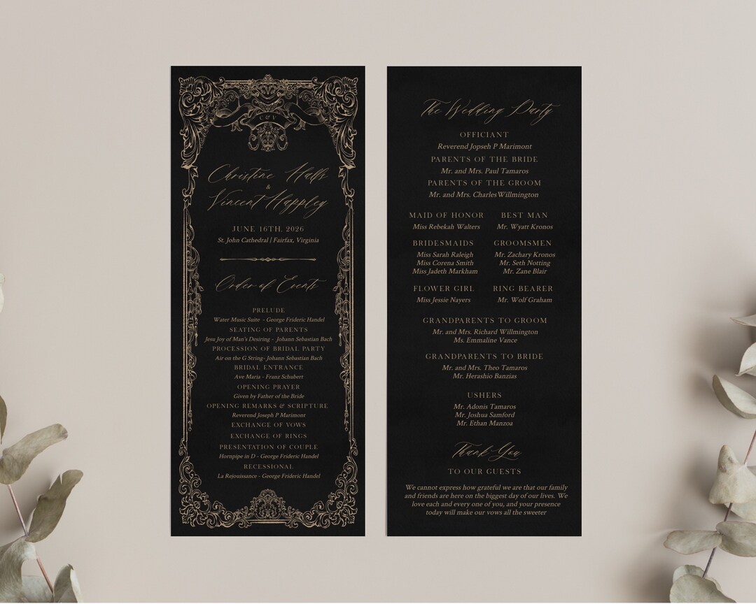 Christine | Black & Gold Wedding Programs, Elegant Gold Frame Wedding Program, Catholic Wedding ...