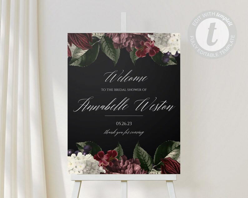 Kris: Welcome Sign Template Dark Moody Floral Wedding - Etsy