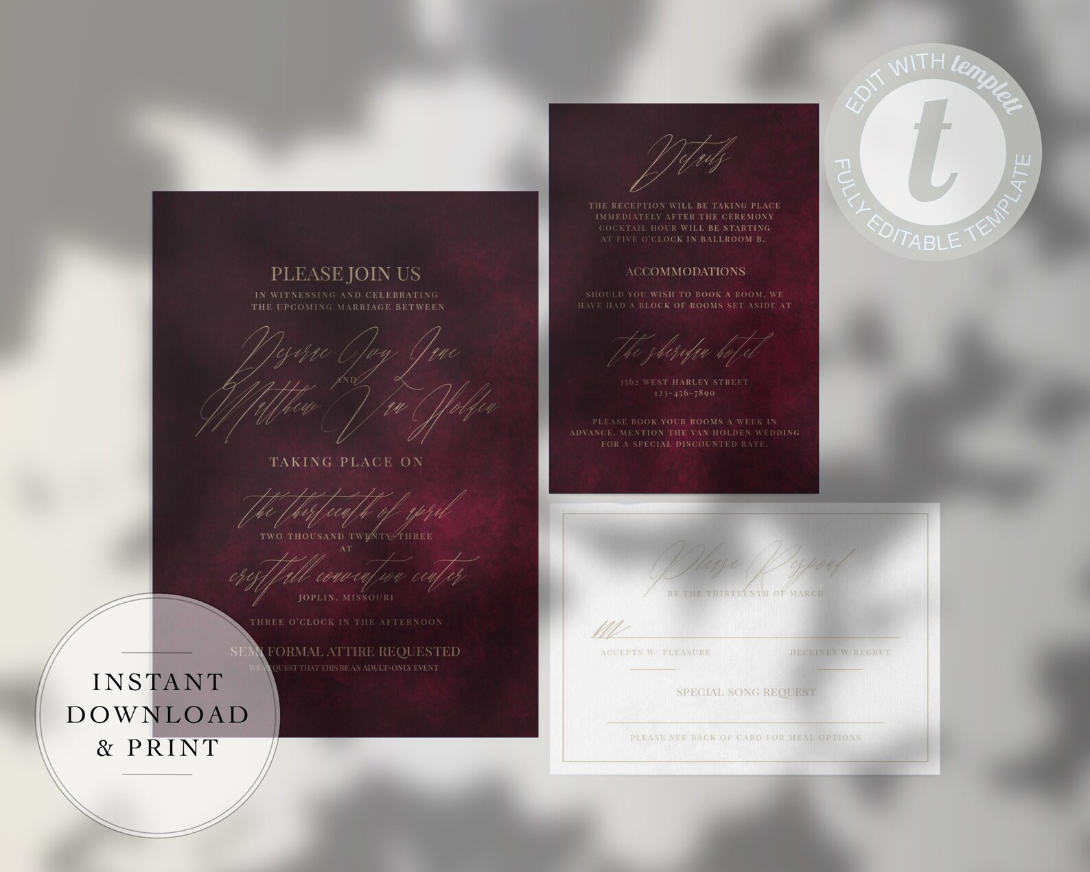 Ophelia: Maroon Wedding Invitation Dark Red Wedding - Etsy