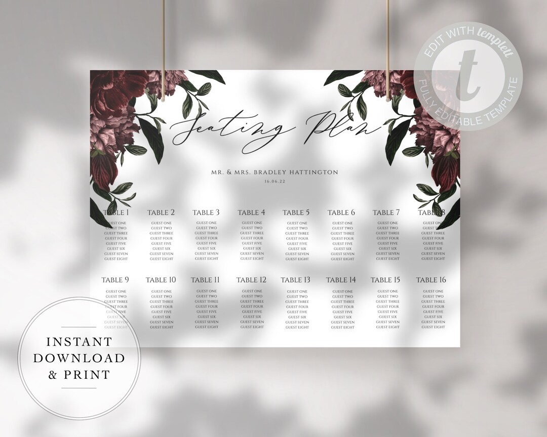 Ava: Seating Chart Wedding, Seating Chart Template, Printable Wedding ...