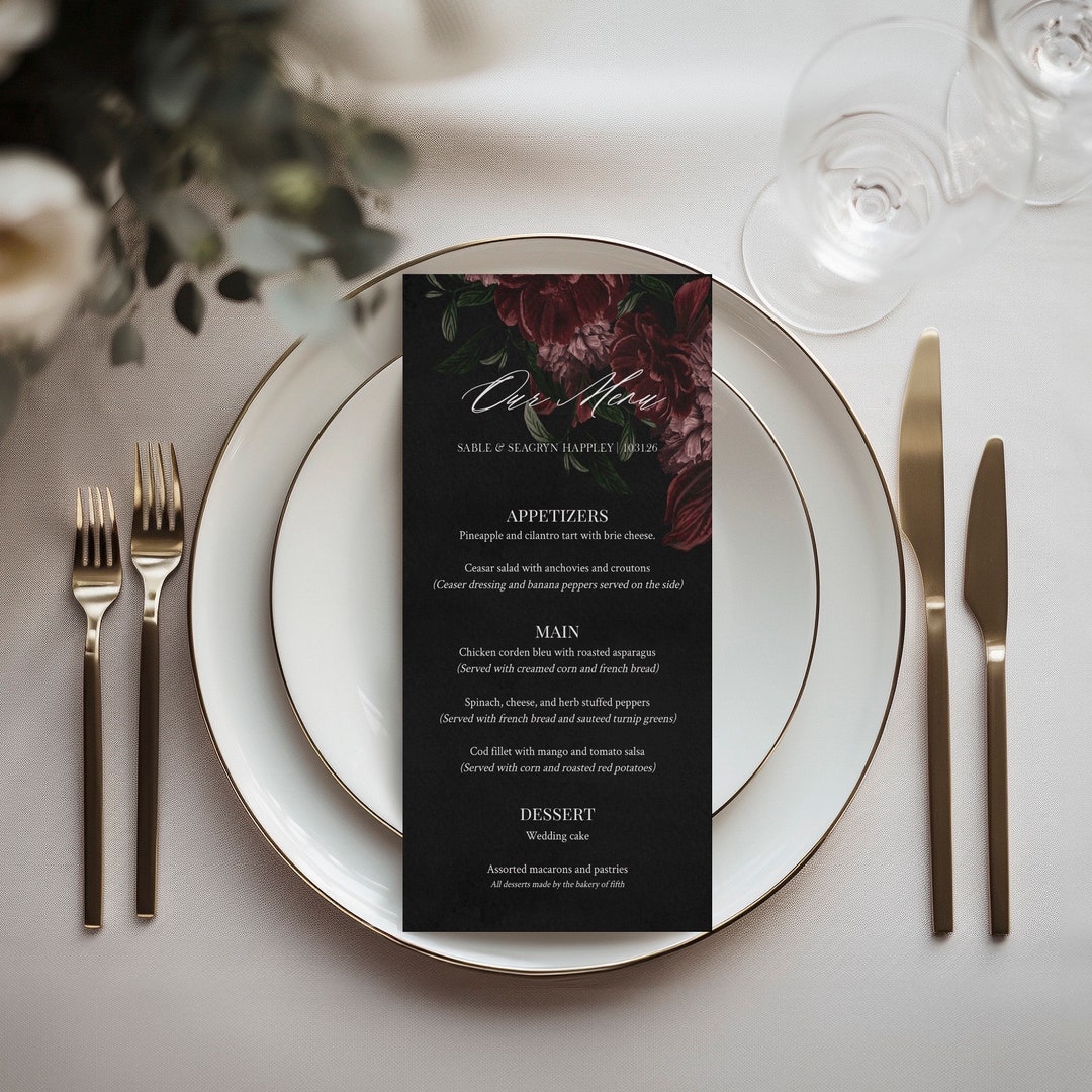 Ava | Moody Floral Wedding Menu Card, Wedding Dinner Menu, 4x8 Inches ...