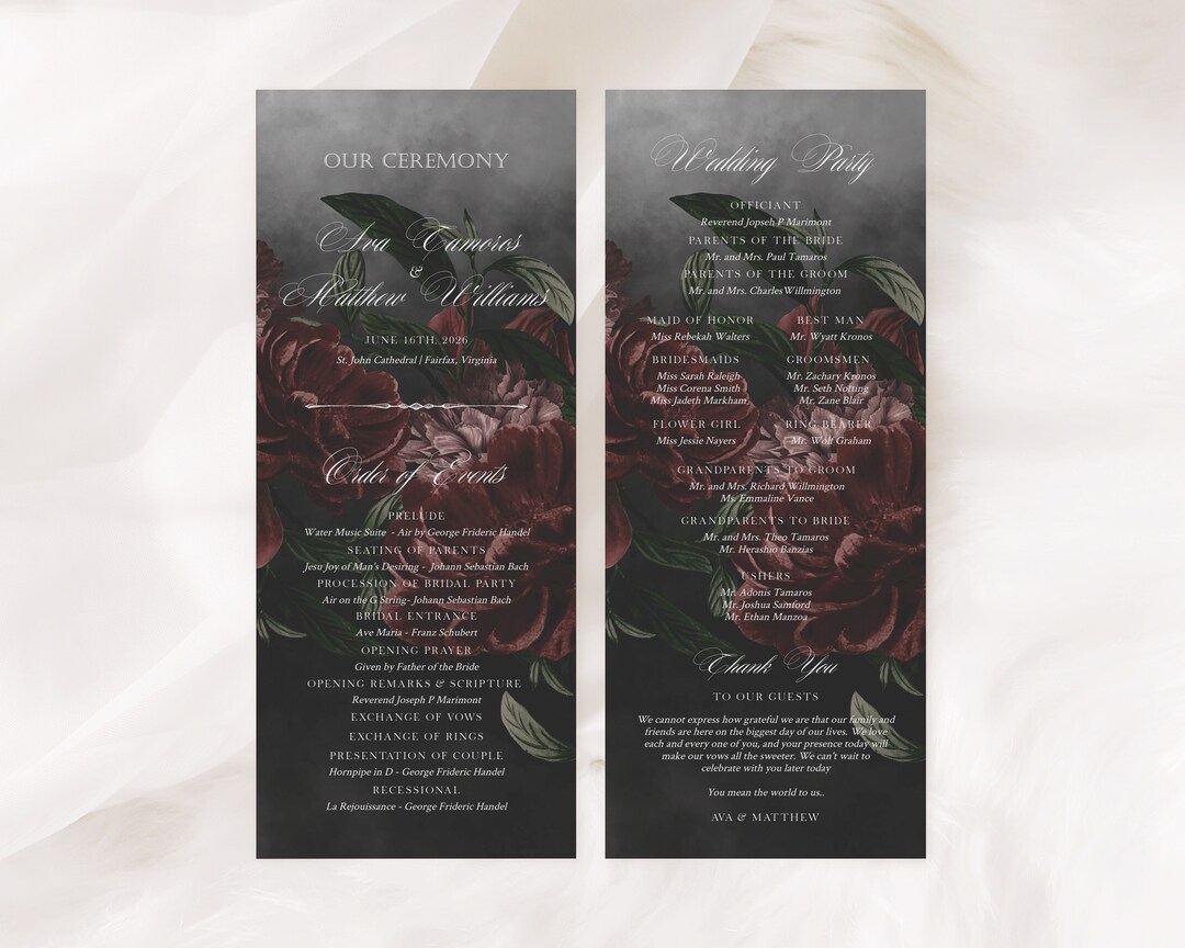Ava | Moody Floral Wedding Programs, Elegant Wedding Program, Burgundy Blush Floral Wedding ...