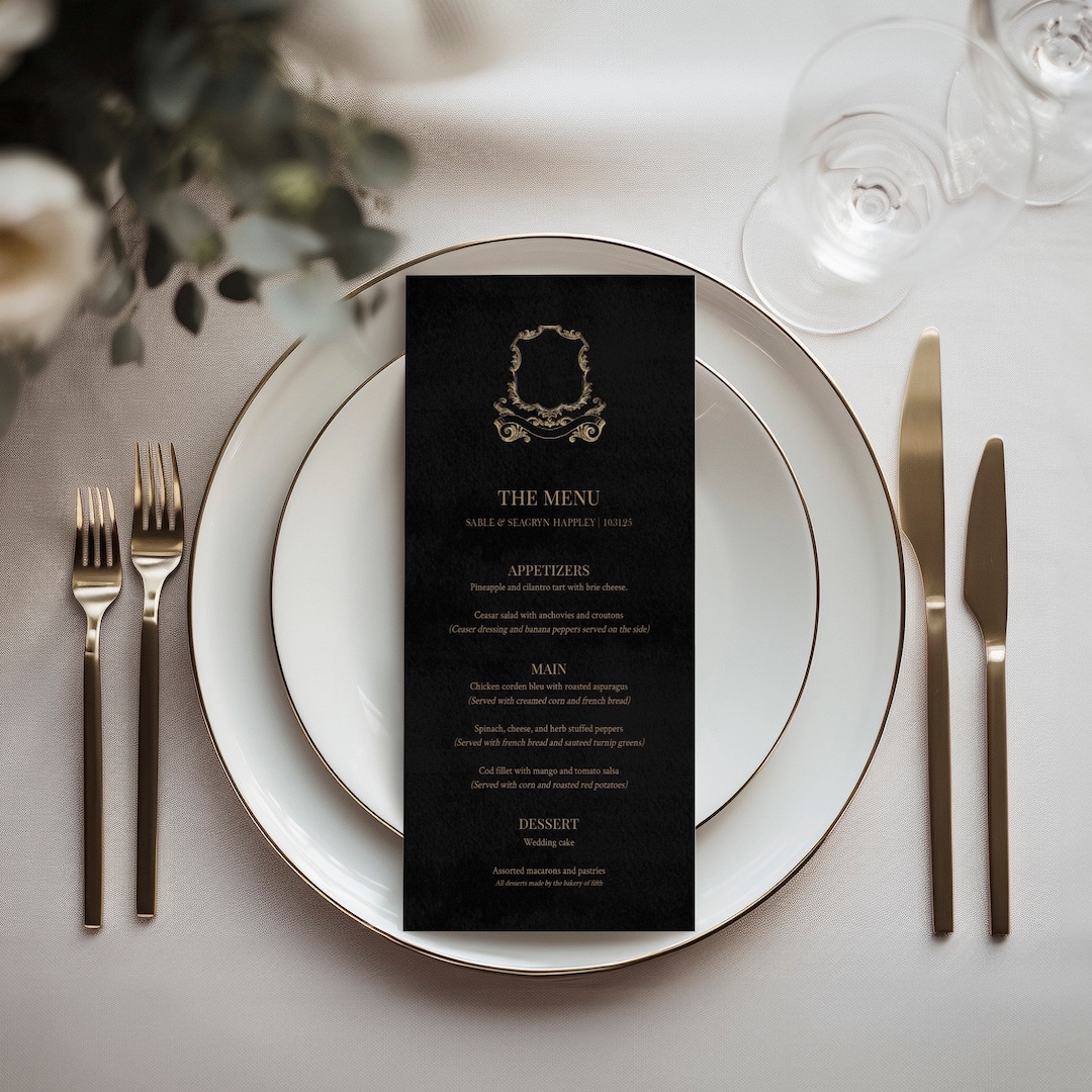 Sable | Crest Wedding Menu Cards With Monogram, Black & Gold Wedding ...