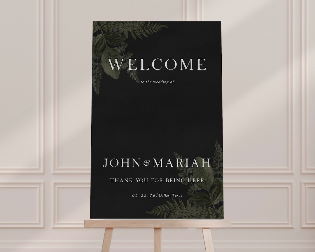 Megara: Modern Black Welcome Sign, Dark Greenery Wedding Decor ...