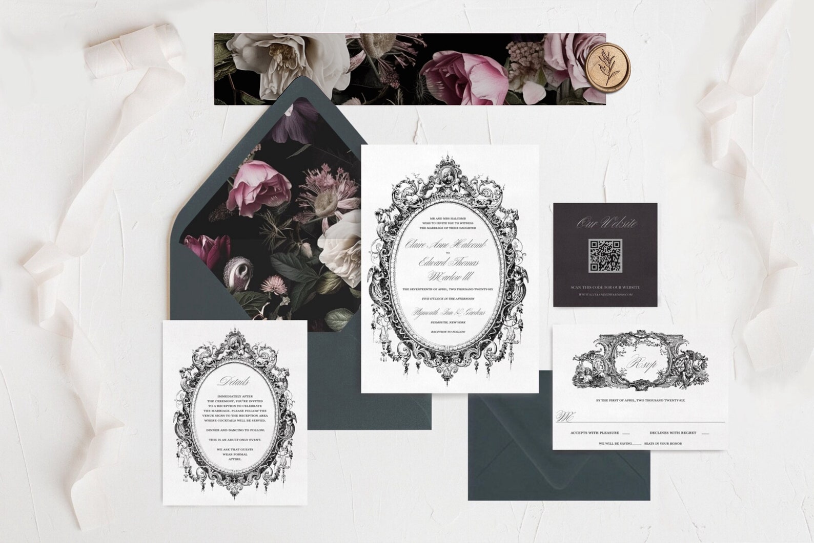Aliya | Printed Dark Moody Floral Wedding Invitations, Printed Wedding ...