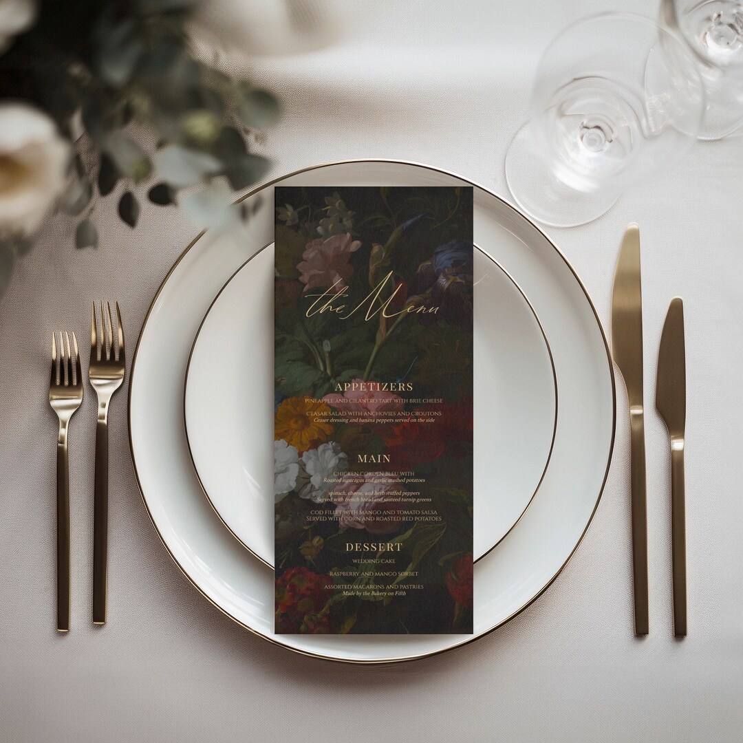 Lucia | Printed Wedding Menu, Moody Dutch Floral Menu Card, Wedding ...