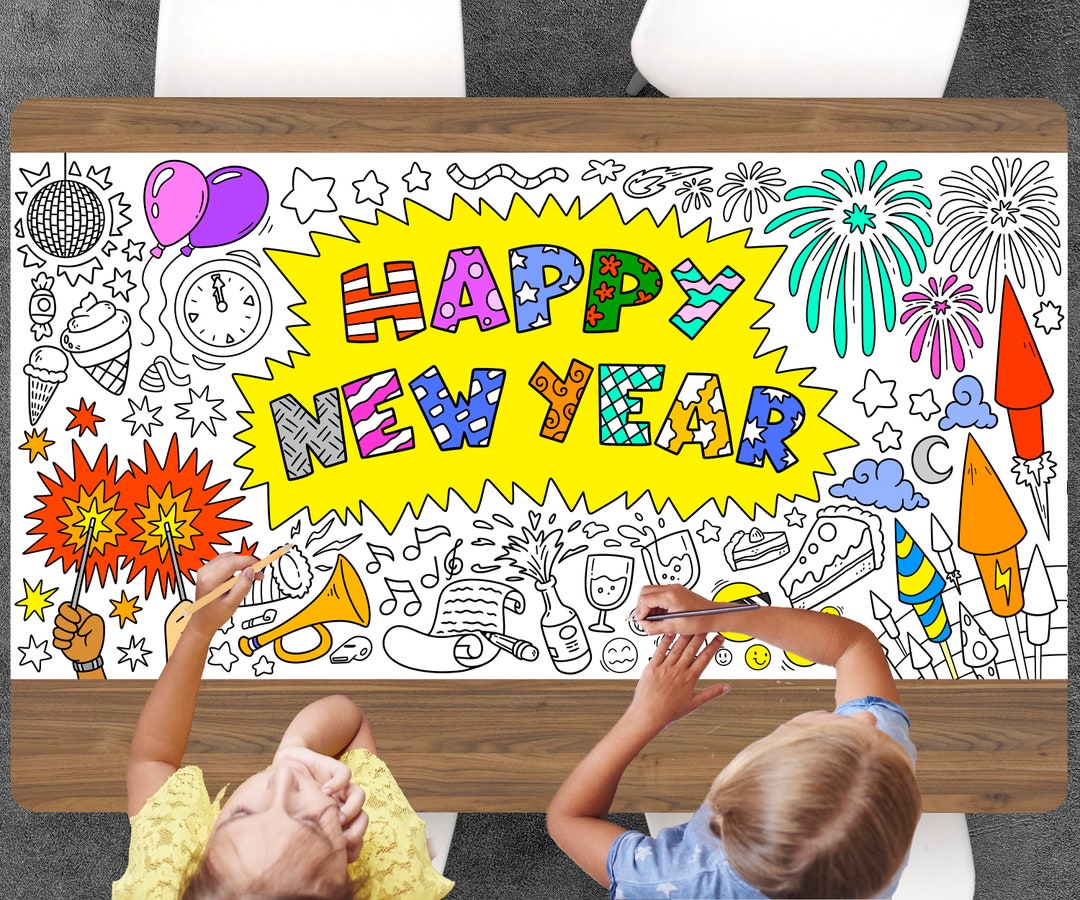 New Year Theme Coloring Sheet, Jumbo Coloring Book Page, Holiday Theme ...