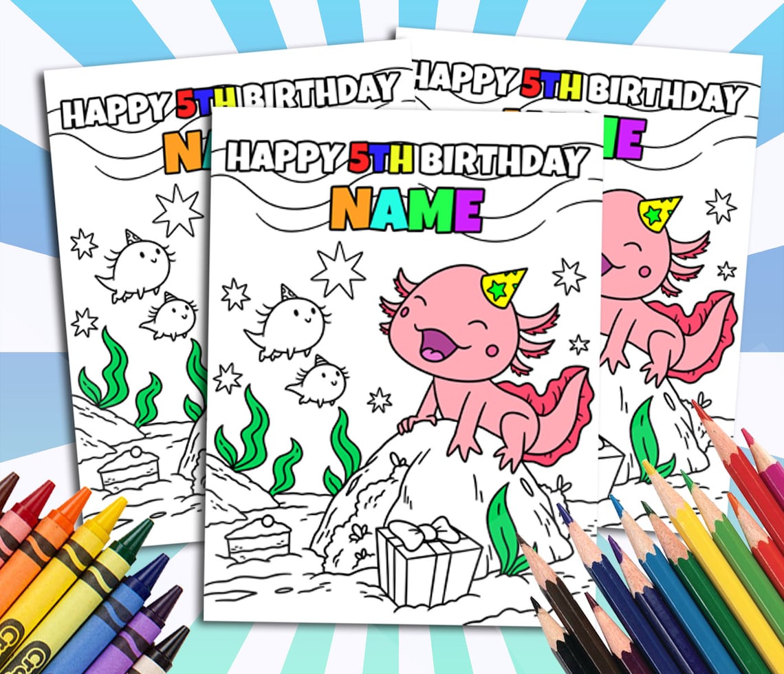 Axolotl Animal Happy Birthday Coloring Pages Custom | Etsy