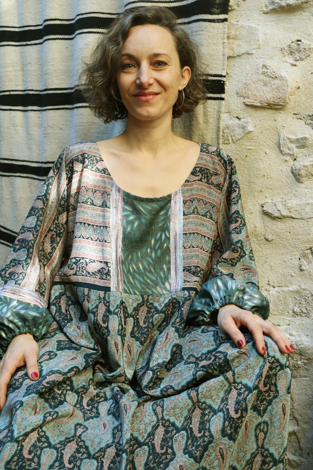 "boho" Collection Mid-length Dress in Crepe Silk Satin Devoré Braids ...