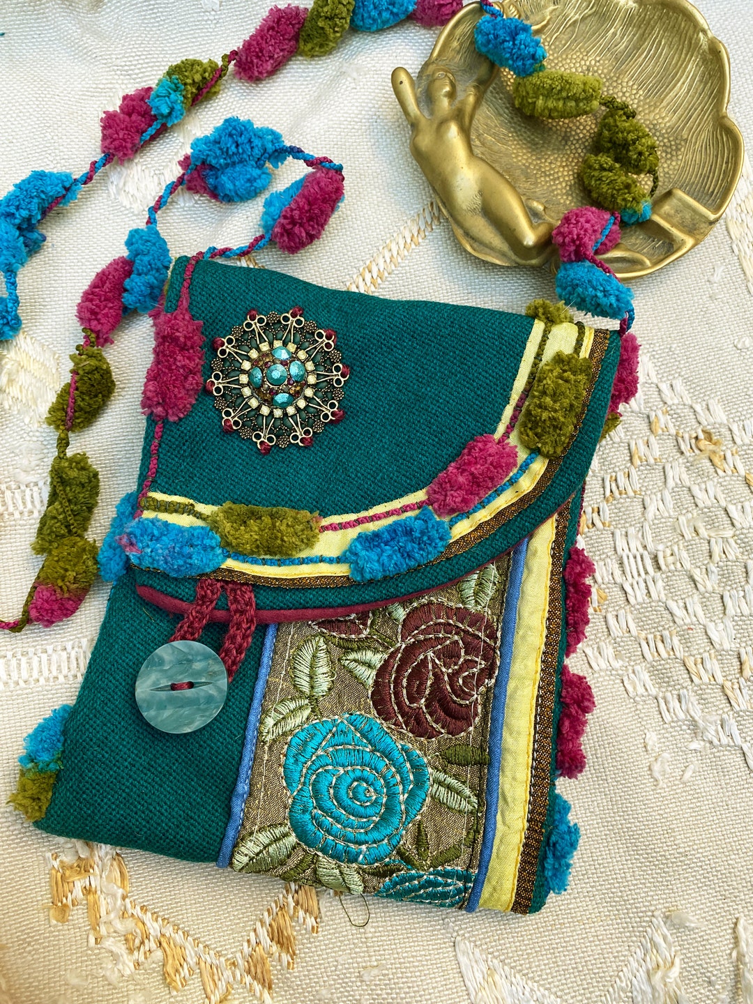 Textile Art Pouch Small Secret Bag Pure Wool Indian Stripe Medallion ...