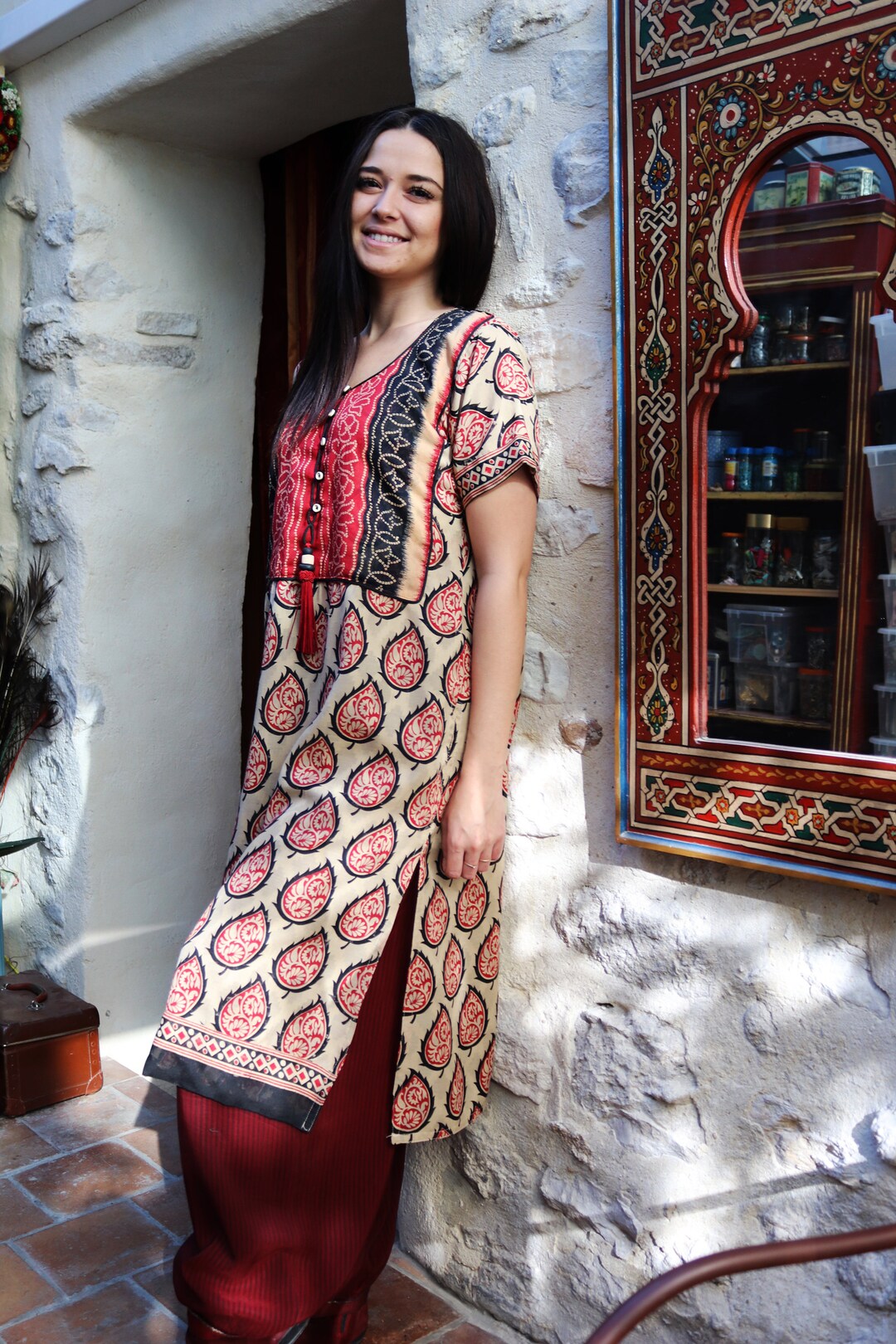 Robe indienne relookée, 2 cotons indiens, plastron boutonné, tassel ...