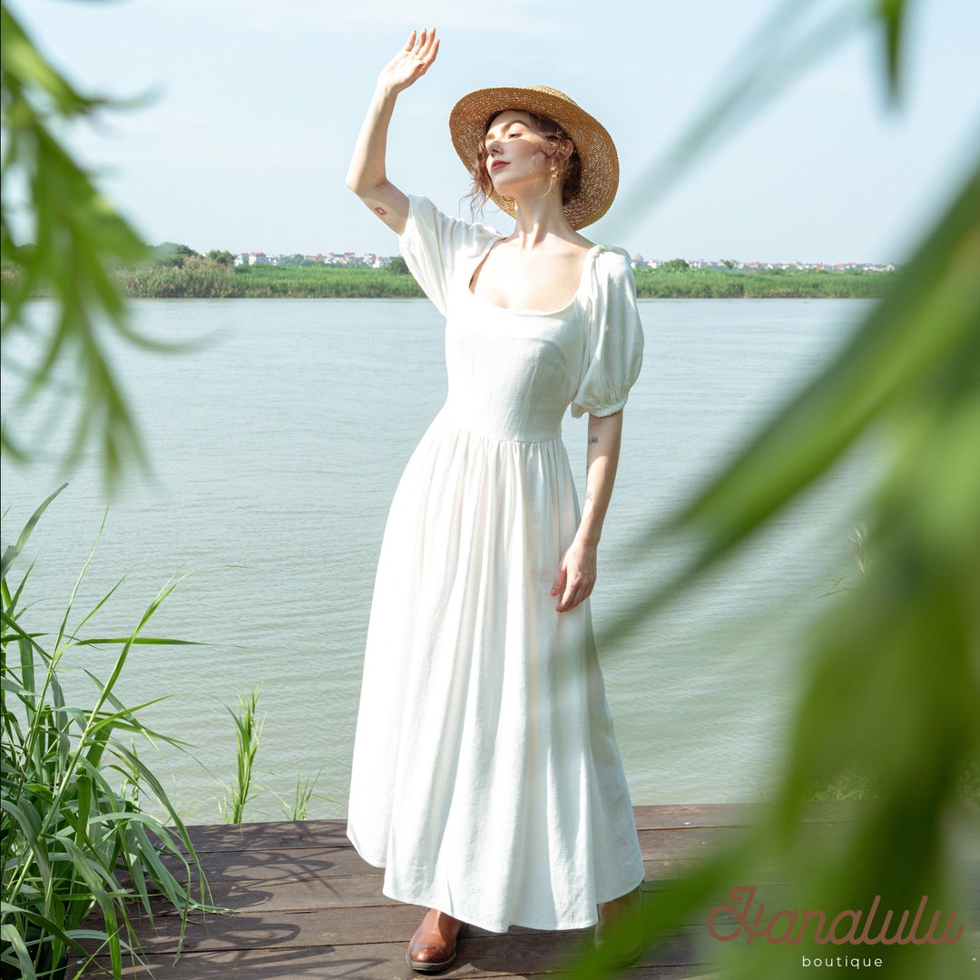 Linen Midi Dress: White Sundress, Tied Waist, Cottage-core Style - Etsy