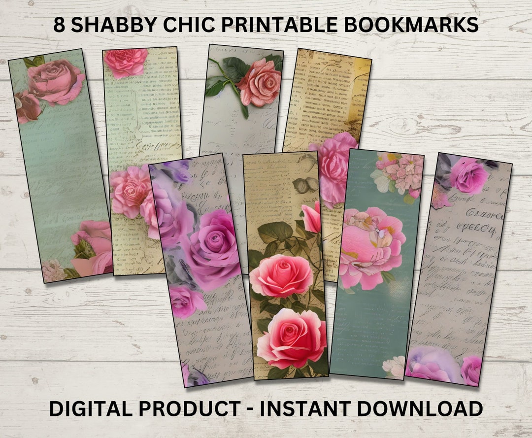 8 Shabby Chic Printable Bookmarks, Print at Home Bookmarks, Floral ...