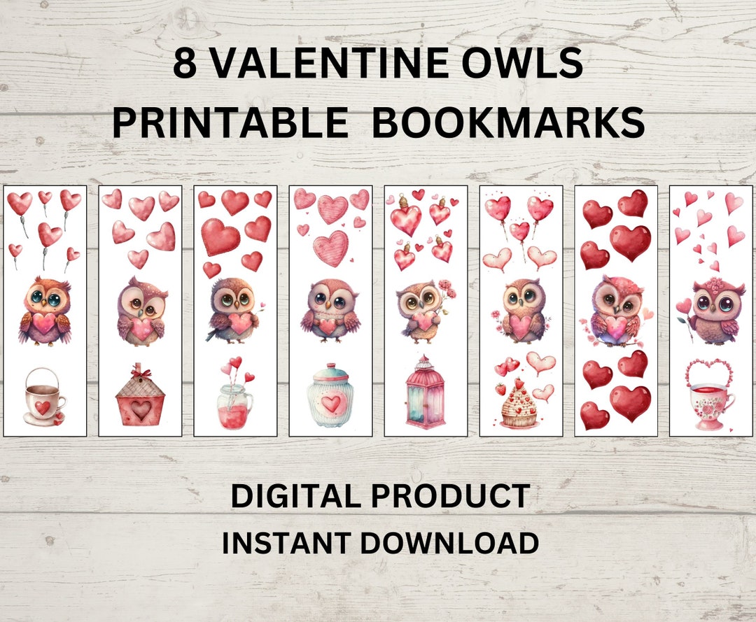 8 Cute Owl Valentine Bookmarks, Printable Bookmarks, Owl Gift for Women ...