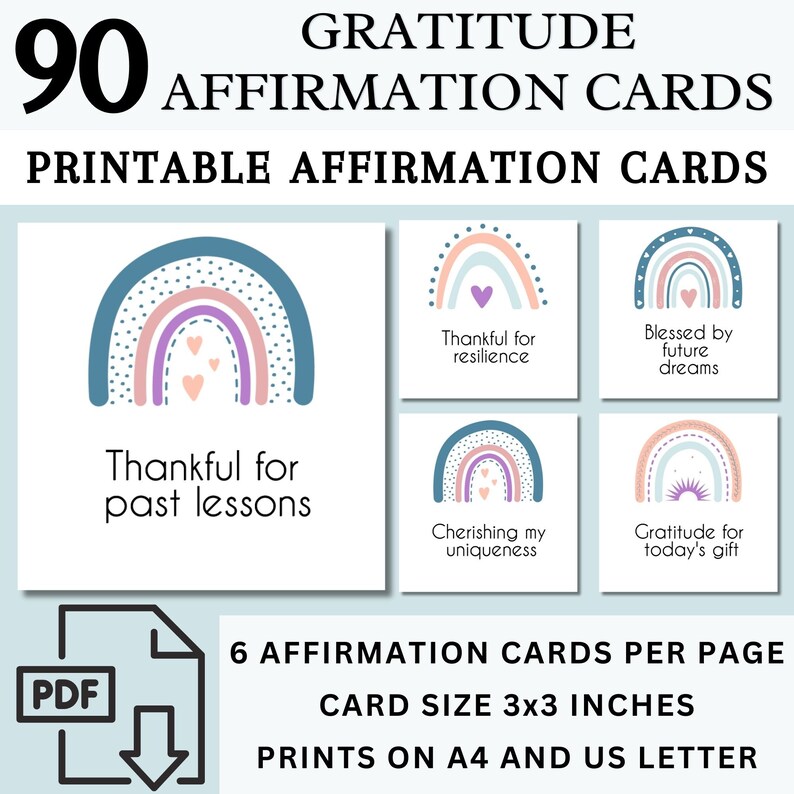 90 Printable Gratitude Affirmation Cards | Gratitude Card Deck | Self ...