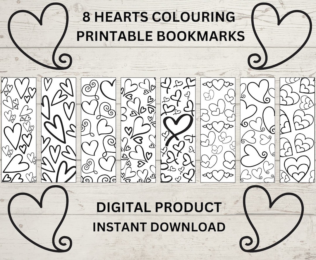 Hearts Printable Colouring Bookmarks, Valentine Bookmarks, Adult ...