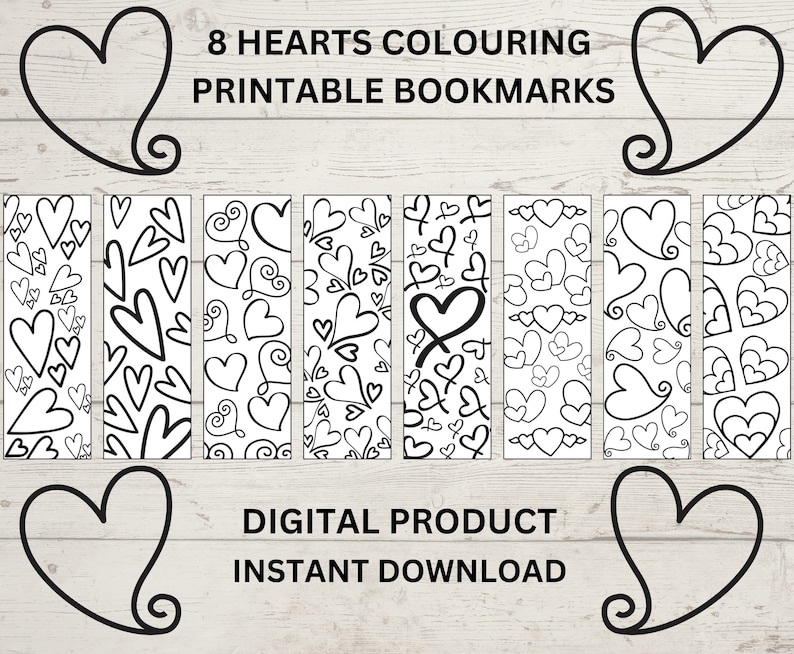 Hearts Printable Colouring Bookmarks, Valentine Bookmarks, Adult ...