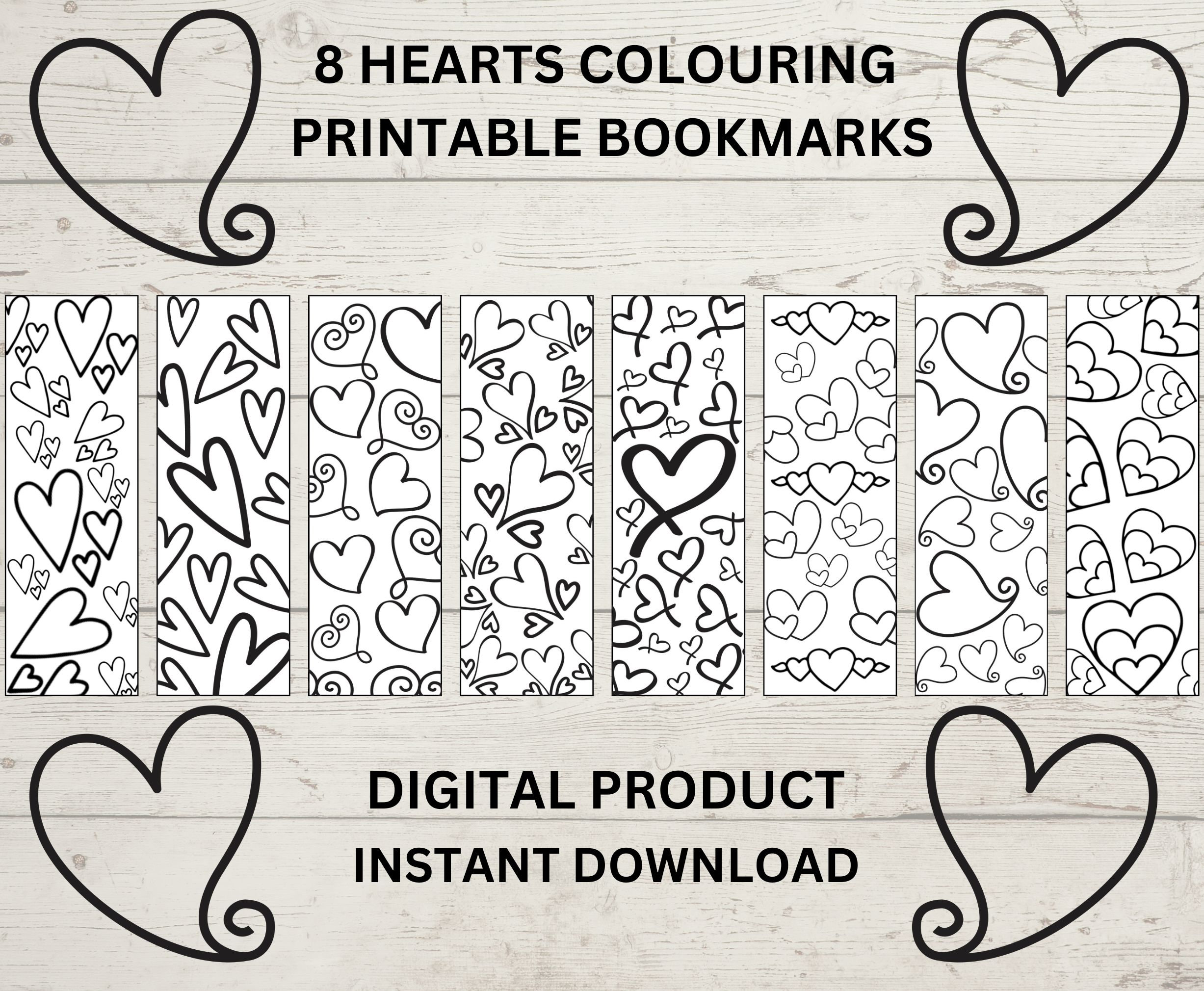 Hearts Printable Colouring Bookmarks, Valentine Bookmarks, Adult ...