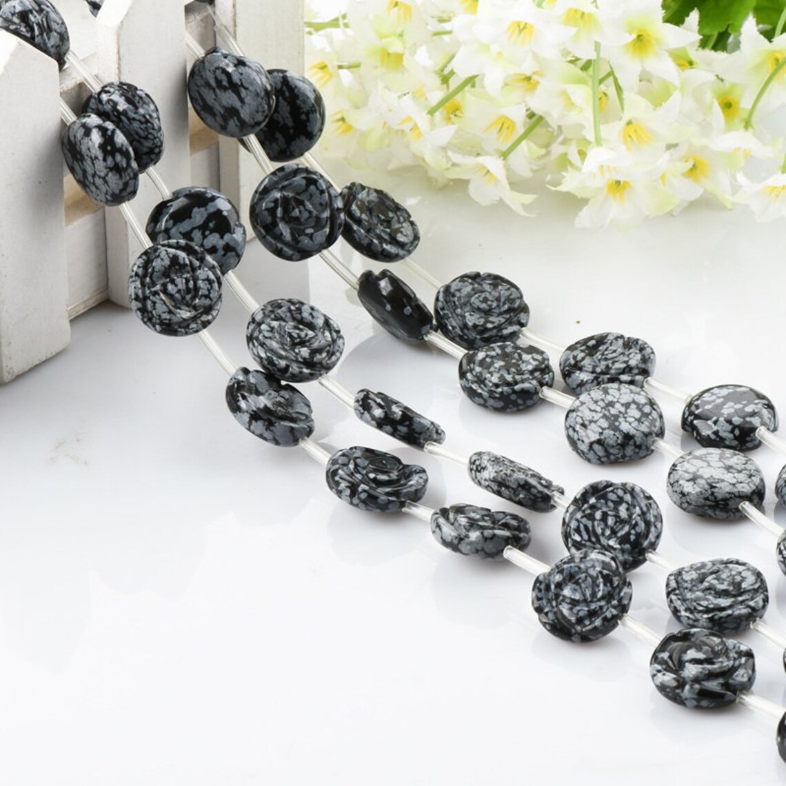 Black Snowflake Obsidian Rose Flower Gemstone Loose Beads 18mm for DIY ...