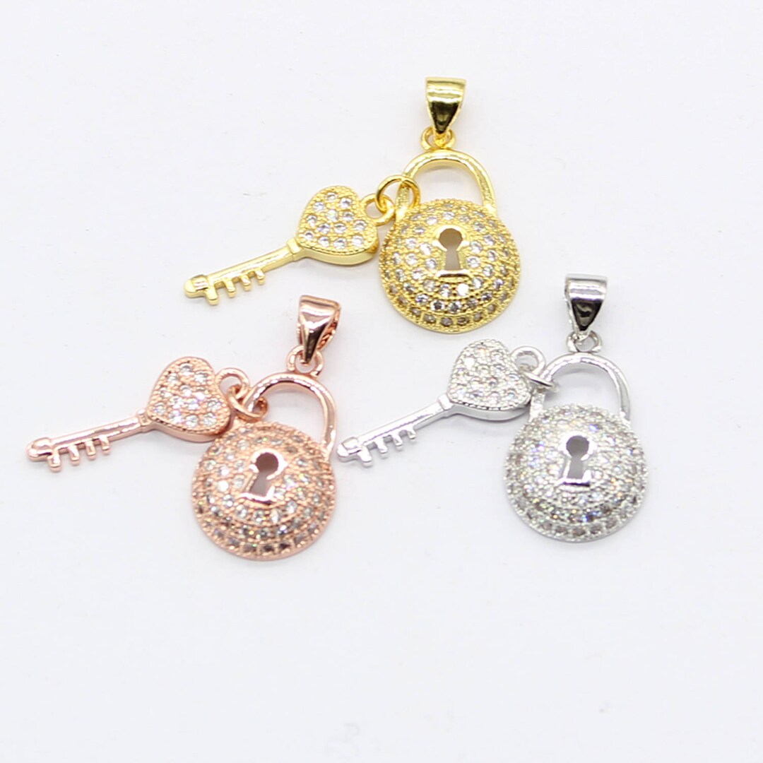 CZ Plated Pave Lock and Key Bead Pendant Charm Cubic Zirconia - Etsy